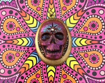 Magenta Skull with moustache Altered Art Print on repurposed