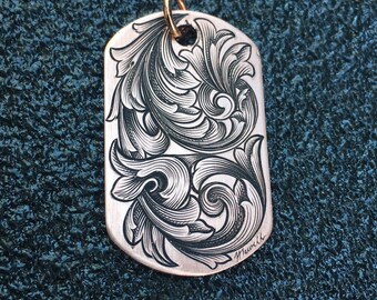 Hand Engraved Swirling Scroll Design Nickel Silver Pendant