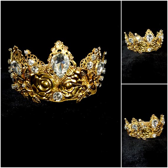 Bride gold crown Headpiece Tiara Wedding metal white crystals