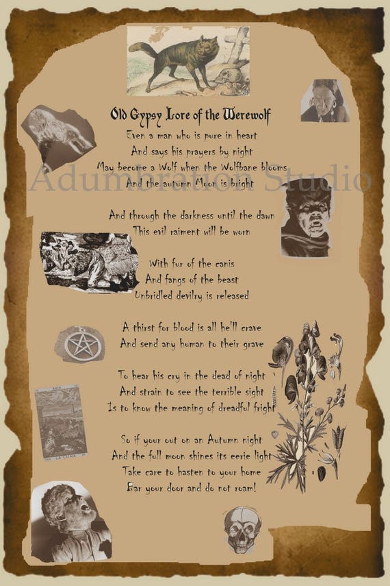 Old Gypsy Lore of the Werewolf Montage Print Gypsy Poem Even
