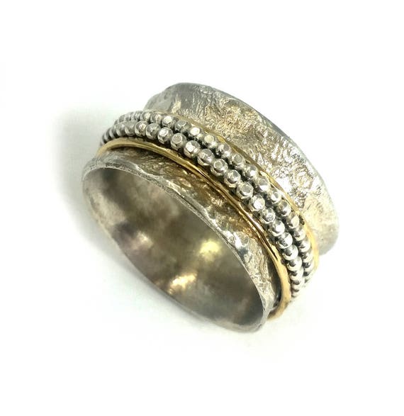 Textured spinning wedding ring wide rotating ring with two