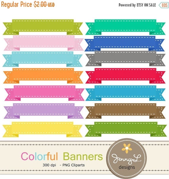 50% OFF Colorful Stitched Ribbon Banners clipart for digital