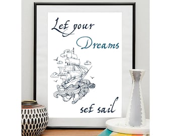 Let Your Dreams Set Sail 8x10 Print Nautical Nursery Art for