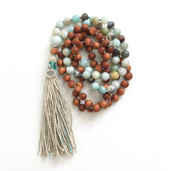 108 Bead Mala, Sandalwood and Amazonite Mala Necklace, Lotus Mala Beads ...