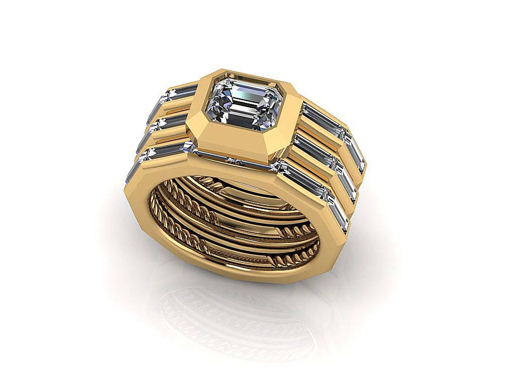 18k yellow gold octagon shaped engagement ring with two bands