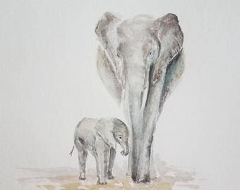 Pen and Ink drawing of mama and baby elephant Print