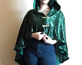 Elven cape Velvet Green hooded Cloak Fairy medieval Fantasy