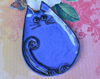 White Friendly Cat Dish Smiley Face Ceramic Plate Spoon Rest