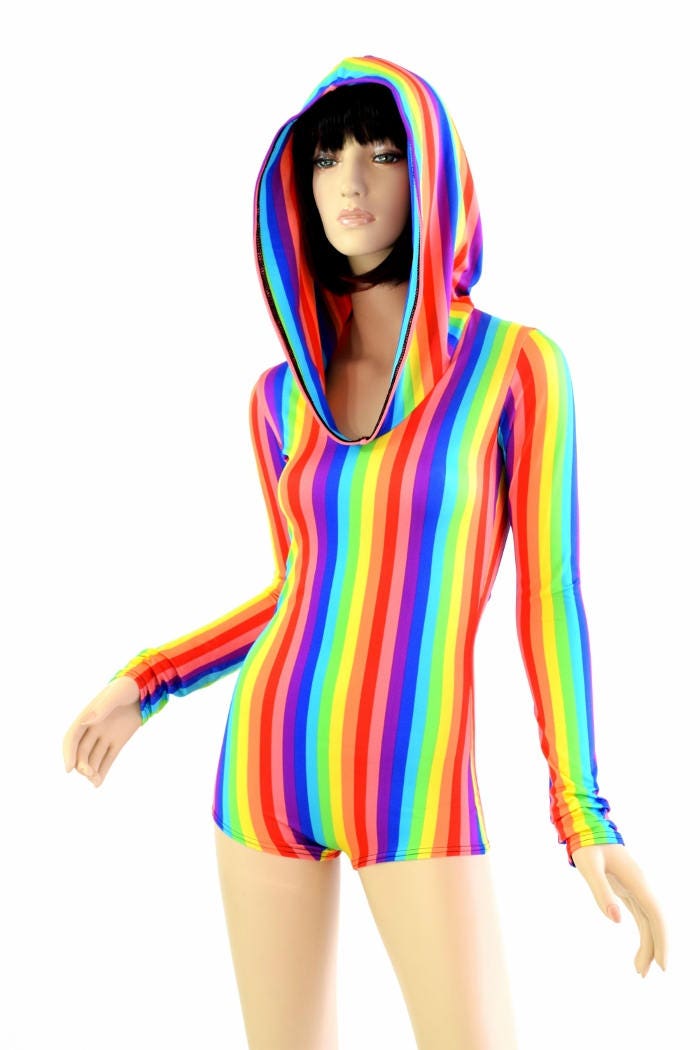 Rainbow Stripe Long Sleeve Hoodie Romper W Self Lined Hood