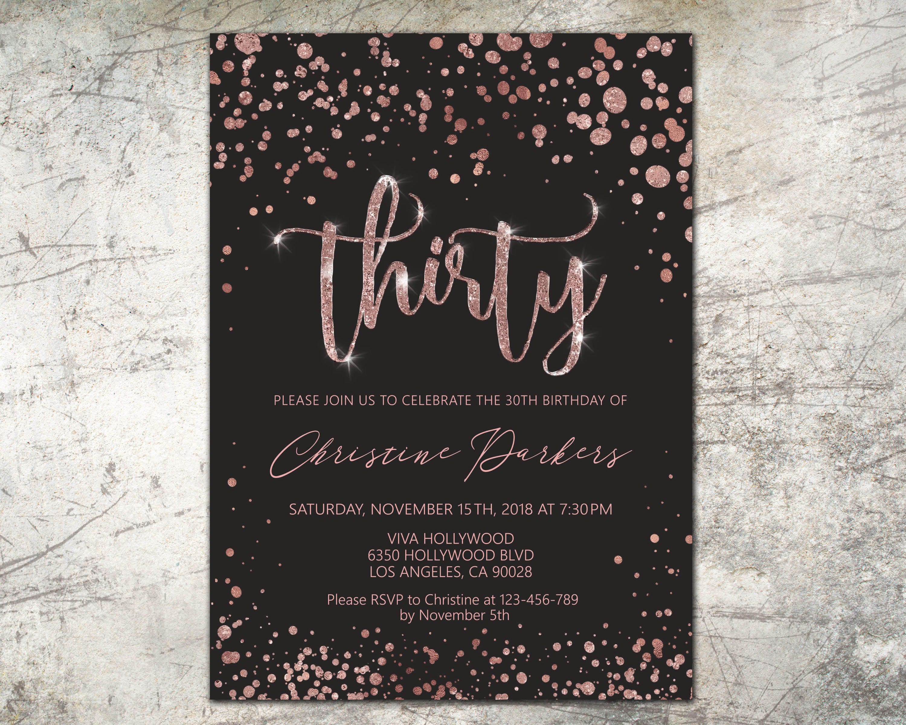 Birthday invitations for women Rose Gold Thirty Digital