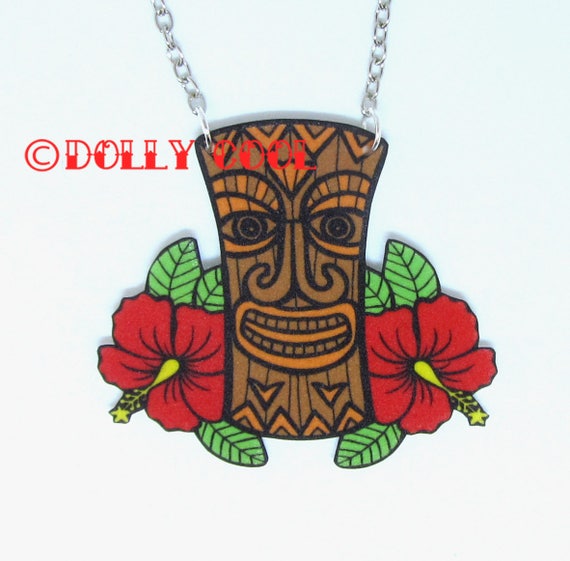 Tiki necklace with hibiscus flowers Rockabilly by Dolly Cool