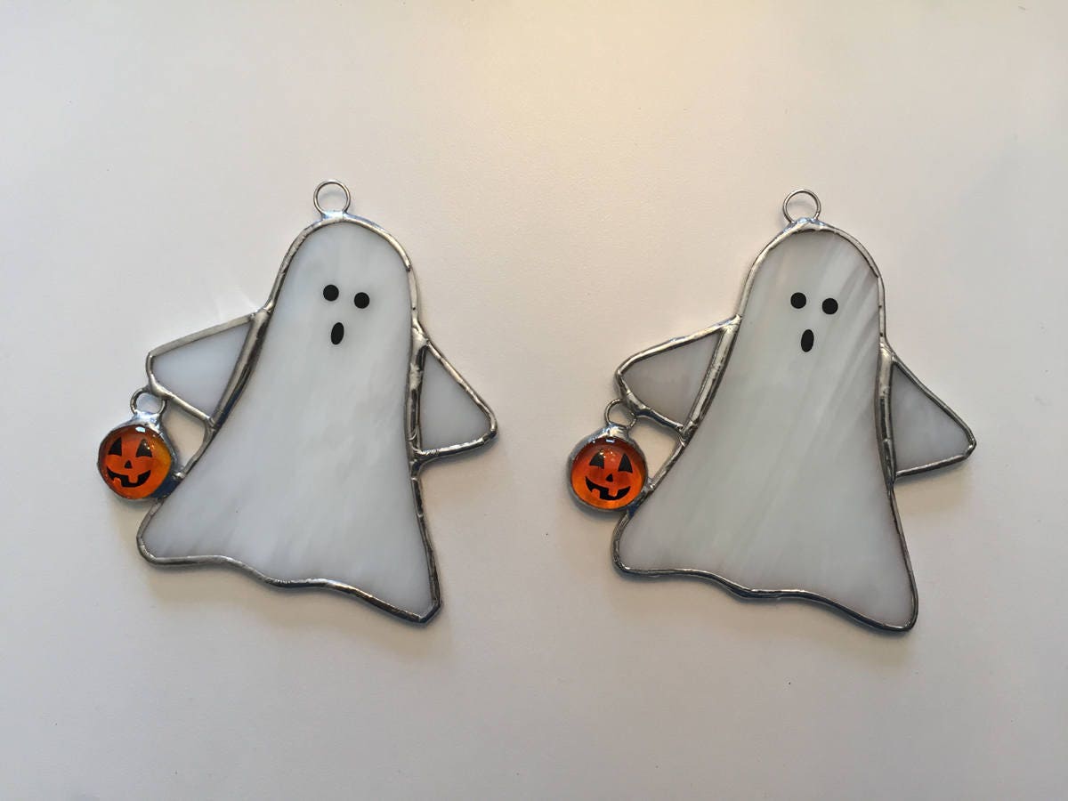 Handmade Stained Glass Ghost with Pumpkin Small