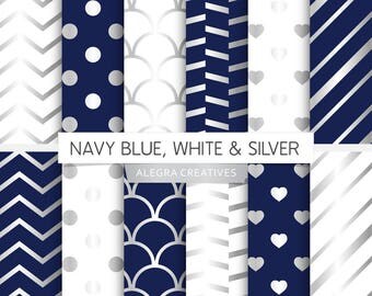 Navy and Silver Digital Paper: Silver Foil