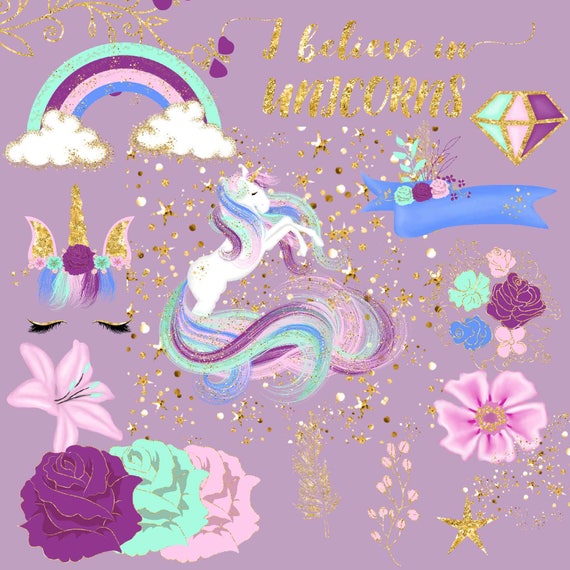 Gold glitter unicorn, unicorn clipart, unicorn clip art, rainbow clouds ...