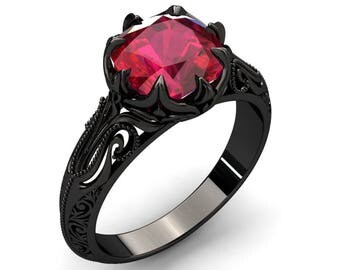 Ruby & Black Diamond Engagement Ring Wedding Ring 1.56 Carat