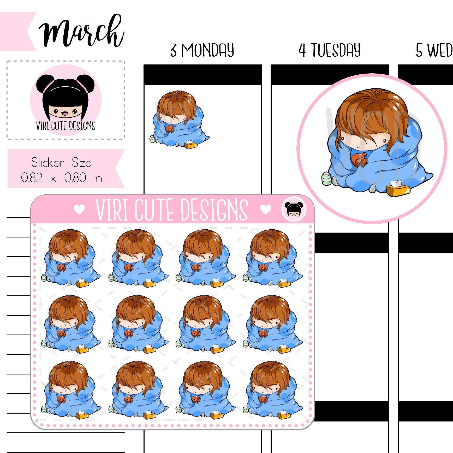 Kawaii Sick day Sticker Sick sticker Kawaii girl sticker