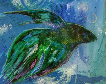 Violet Betta Fish Art Print of Acrylic Painting