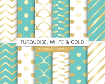 Turquoise & Gold Digital Paper Background teal Chevron Polka