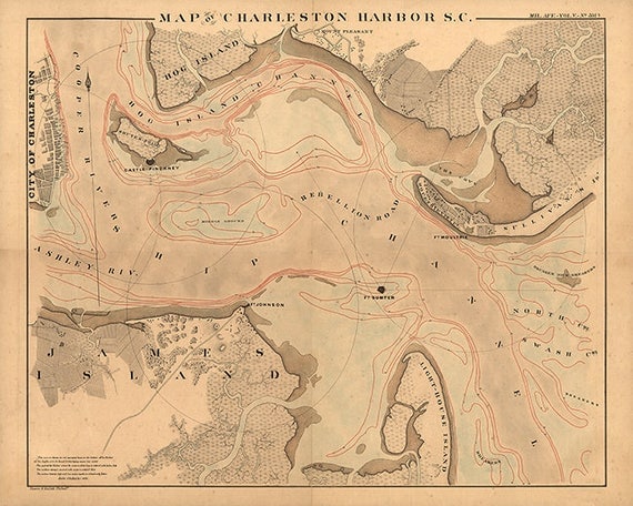 Map of Charleston South Carolina SC 1800s. Vintage