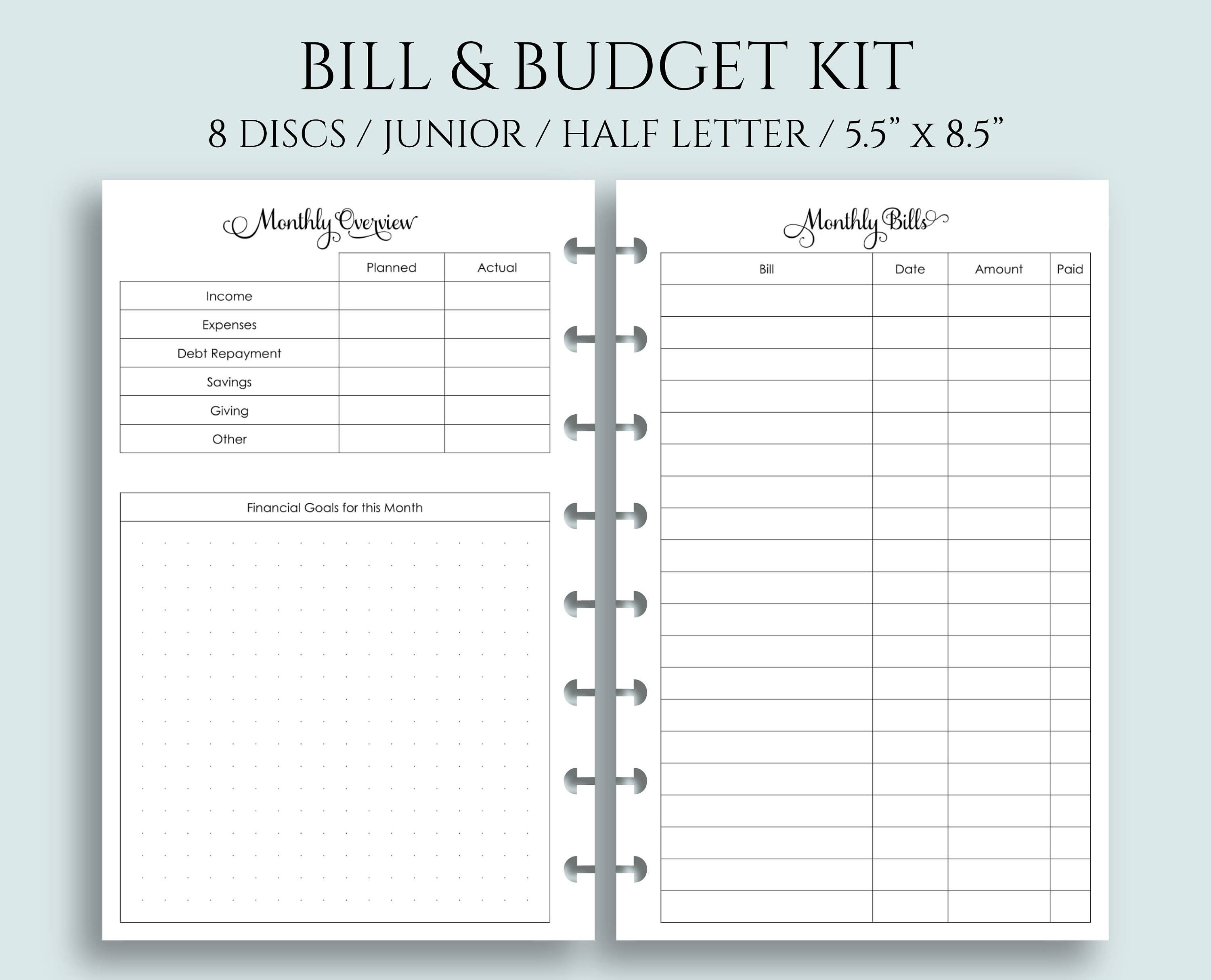 Monthly Bills and Budget Kit Planner Inserts Income