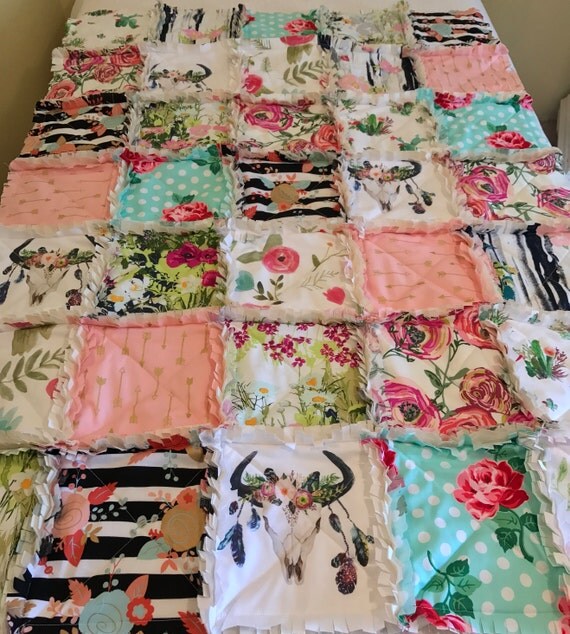 Crib Rag Quilt Cow Skull Black Navy Pink Aqua Arrows Feathers