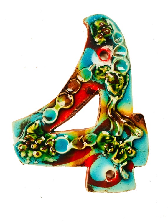 Ceramic Handmade House Number '4' Coral Reef