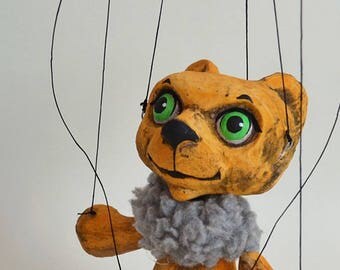 Red cat marionette. Handmade clay puppet 7 tall. Animal