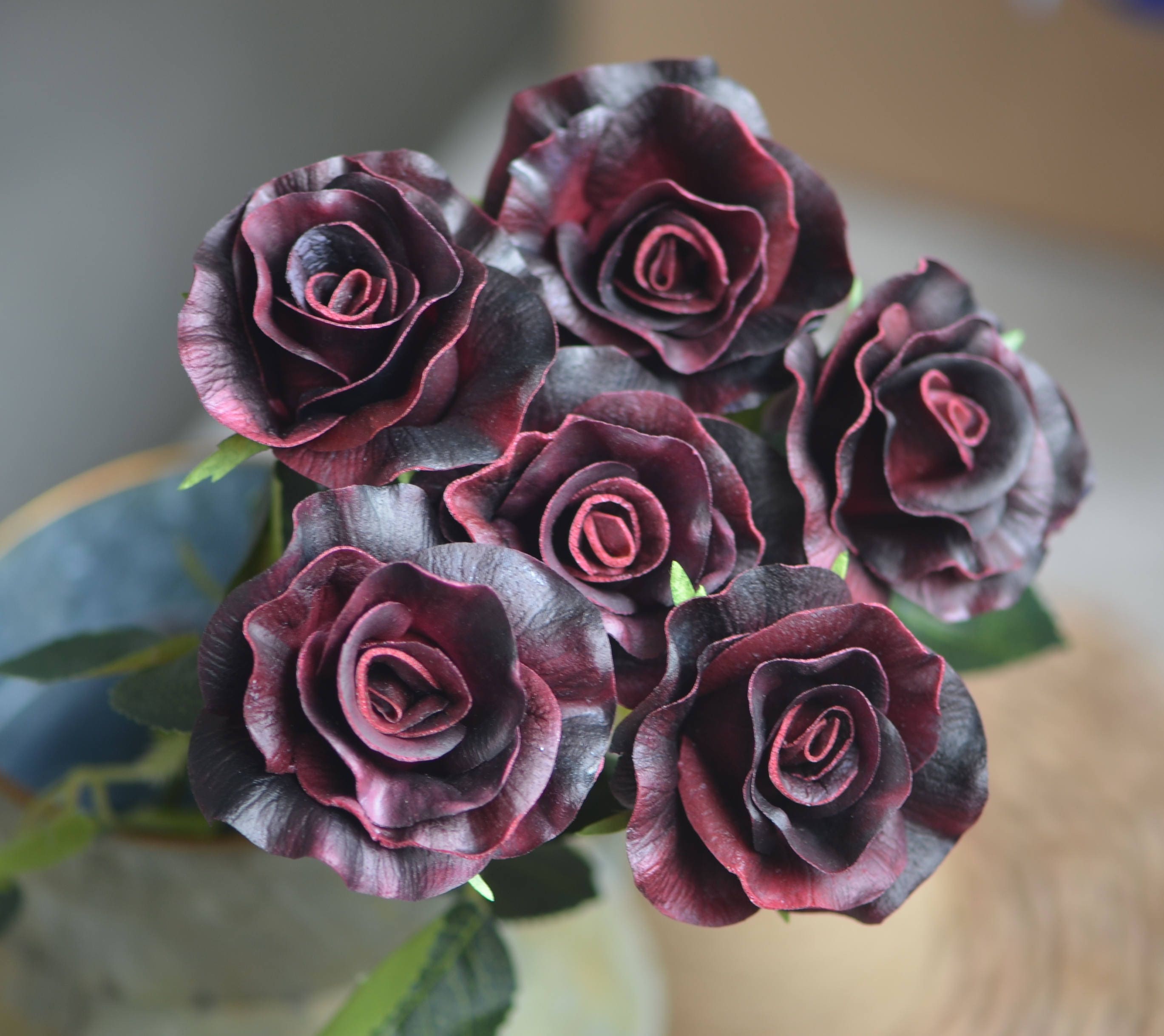 Dark Burgundy Roses PU Real Touch Roses Single Stems DIY Silk