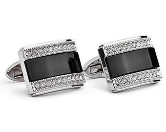 Real Diamond Cufflinks 18K White Gold Cufflinks Onyx Cufflinks