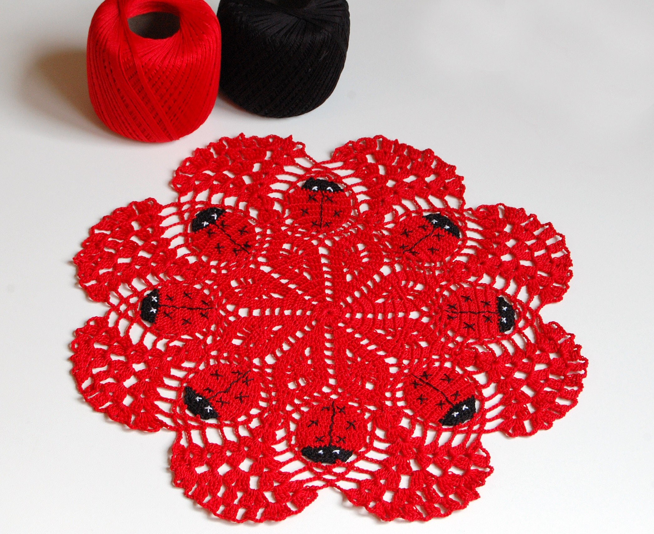 Crocheted Doily Ladybug Lady Bug Ladybird Lady Bird Red Doily
