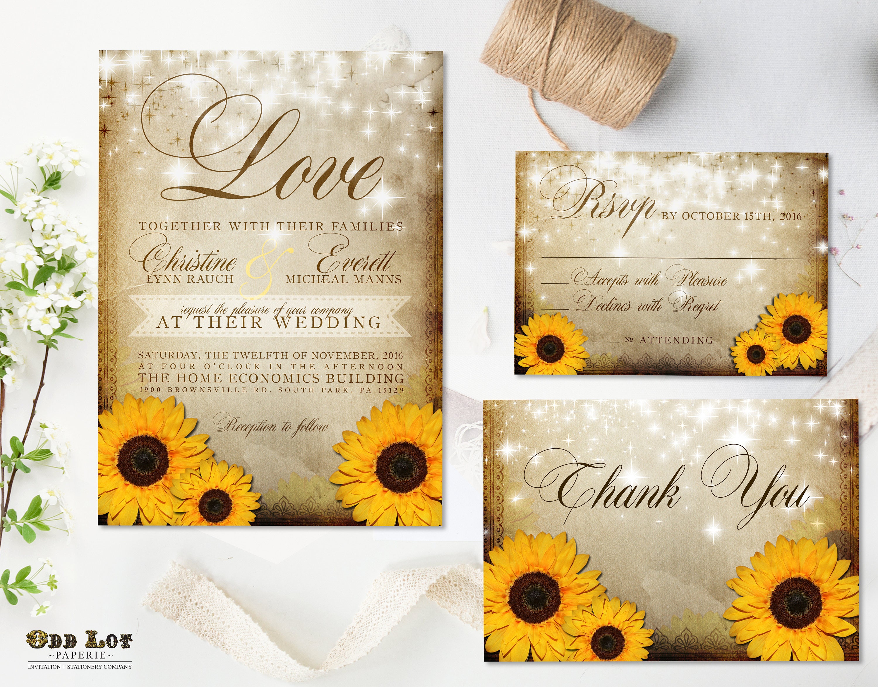 Rustic Sunflower Wedding Invitation and RSVP Yellow Sunflower