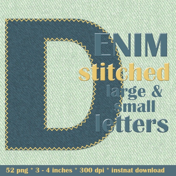 Stitched Blue Denim Alphabet Clipart with large and small