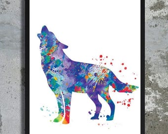 Wolf Watercolor Rainbow Animal Howling Wolf Art Print Wolf