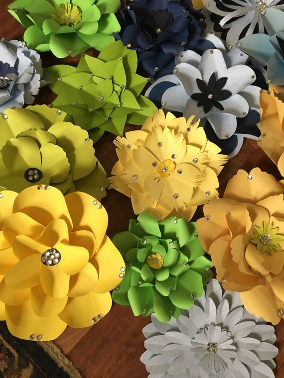 Yellow paper flowers/green paper flowers/blue paper