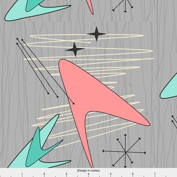 Retro Mod Fabric Atomic Boomerangs Salmon Green Grey By