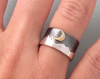 Mountain Shadowbox Ring Moonstone and Silver Mountain Moon