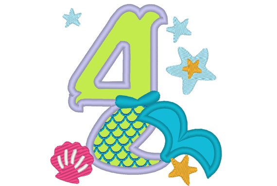 Mermaid Tail Birthday number Mermaid number FOUR 4 applique