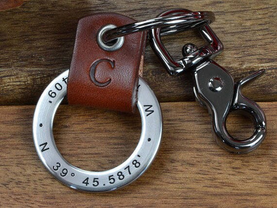 Custom Coordinates Keychain Mens Personalized Leather
