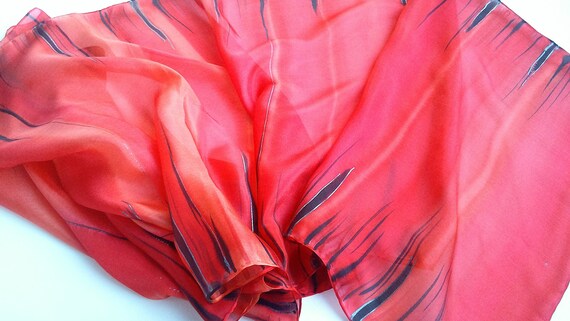 Red Hand Painted Silk Scarf. 18x71 inch Long Red and Black