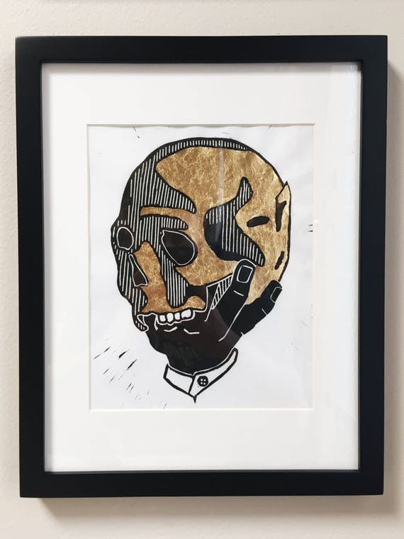 Hand Holding Skull Linocut Print