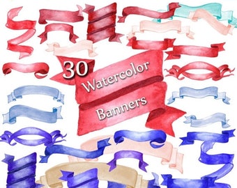 Watercolor Banners ribbons Clipart: 25 Digital files. Light