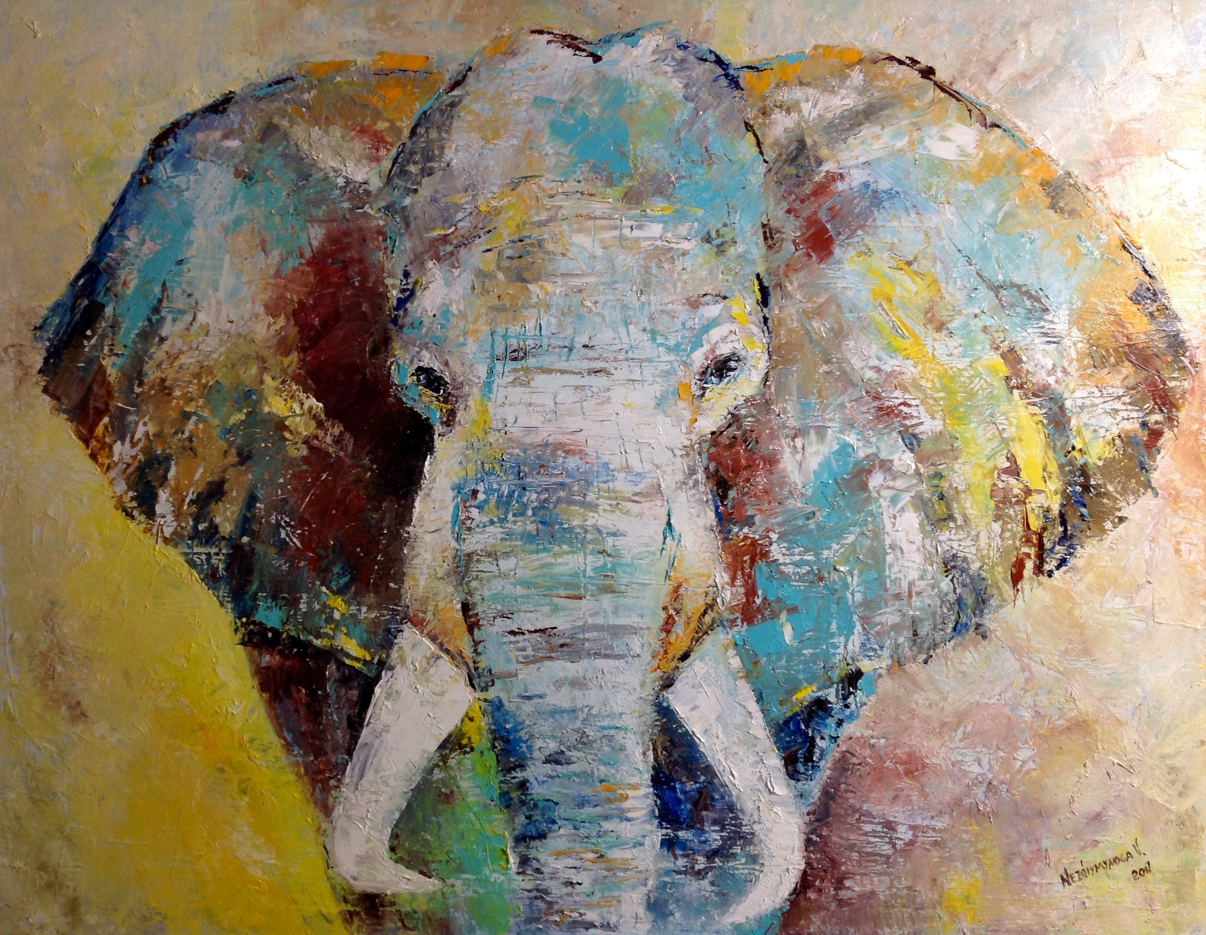 Large Painting Elephant 40 Inches Oil Painting Animal Wall Art