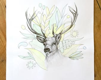Artemis Greek goddess and stag illustration print in multiple