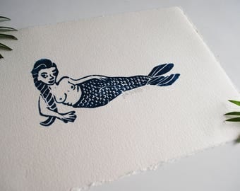 Mermaid linocut | Etsy