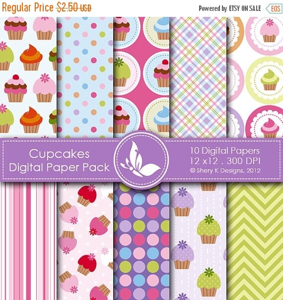 40% off Cupcakes Paper Pack 10 printable Digital