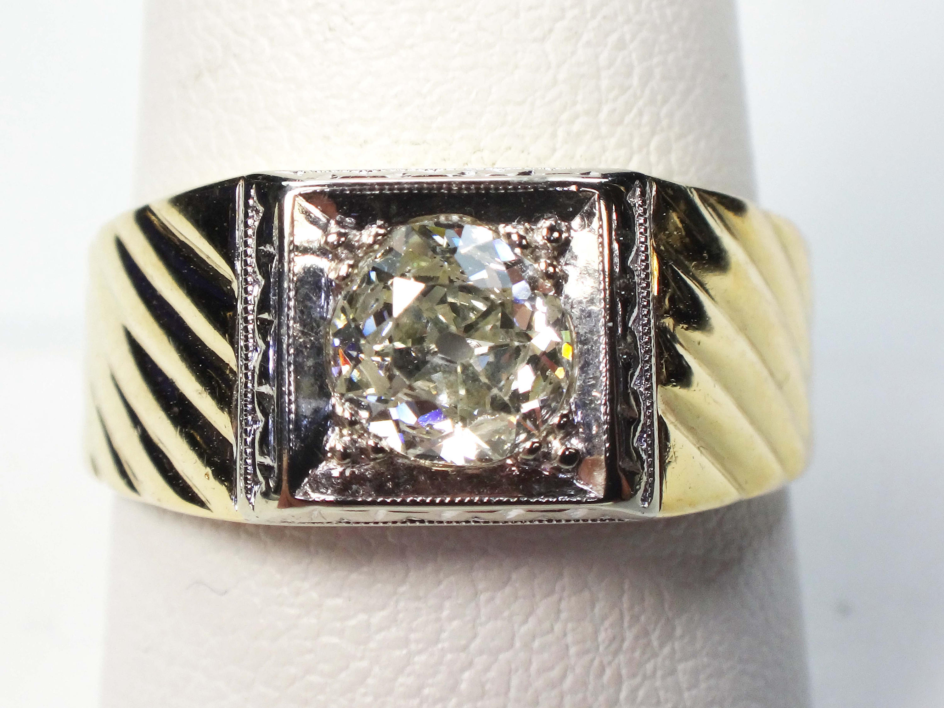 Vintage Mens Diamond Ring Old Mine Cut Diamond Ring Gents 14k