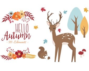 Autumn Deer and Floral Antlers Fall Clip Art Watercolor