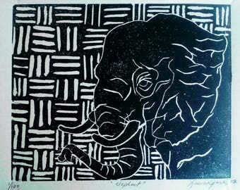 Elephant linocut | Etsy
