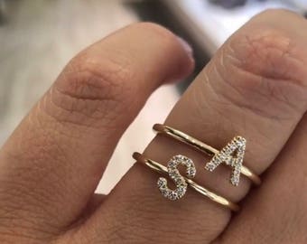 Diamond initial ring 14k gold pave diamond