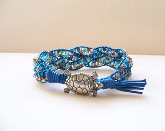 Sea Turtle Beaded Braided Leather Wrap Cuff Bracelet Beaded